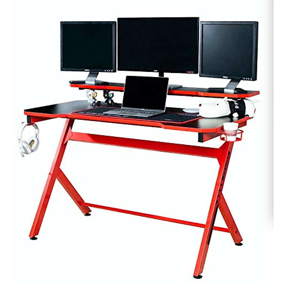 JJS 48" Home Office Gaming Computer Desk with Removable Monitor Stand, R Shaped Large Gamer Workstation PC Table with Cup Holder Headphone Hook Speaker Storage Free Mouse pad, Black/Red