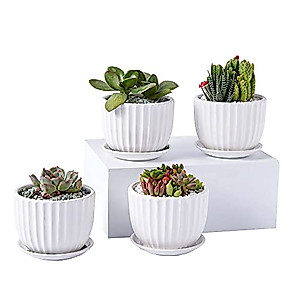HXYPN Succulent Pot Round Stripe White Ceramic Pots 4 inch Plant Pots Small Flower Planter Pot, Pack of 4 - Plants Not Included