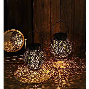 2 Pack Solar Lanterns Outdoor Waterproof Hanging Metal LED Decorative for Patio Garden Courtyard Lawn and Tabletop，Black
