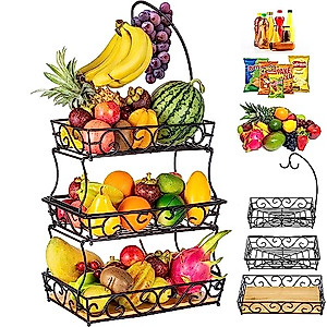 Fruit Basket Bowl, Vegetable Storage for Kitchen, 3-Tier Countertop Fruits Holder Rack with Banana Hanger, Food, Snack, and Bread Detachable Organizer Stand for Gift Large Capacity Fruit Tray