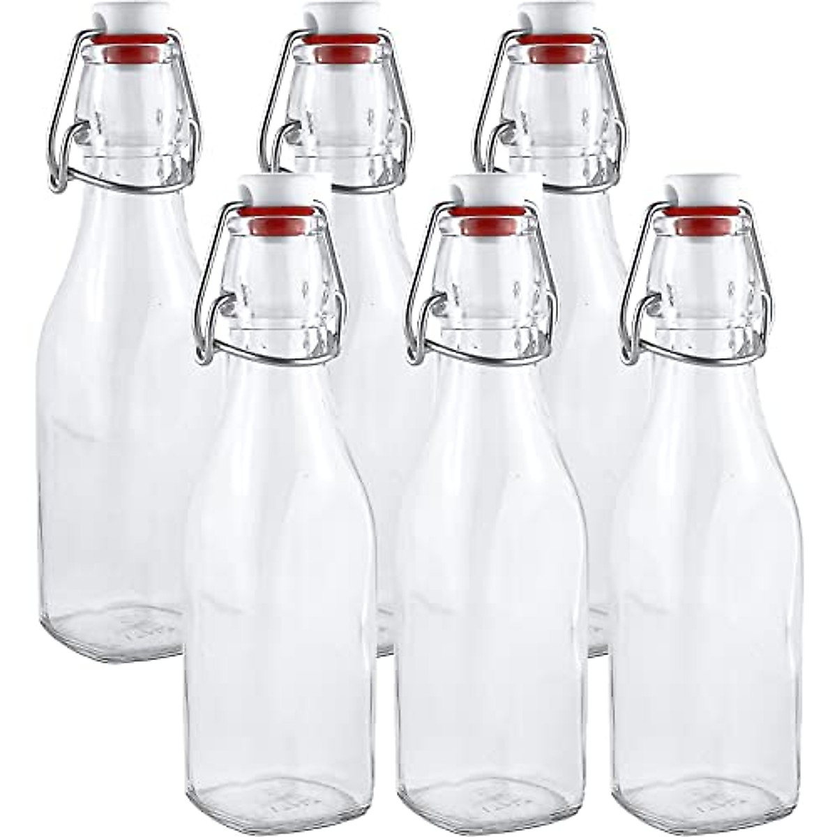 Estilo Swing Top Easy Cap Clear Glass Bottles, Round, 8.5 oz, Set of 6. Standard Size, Flip Top Bottles to store home brews, oils, vinaigrettes, wines, beer, teas