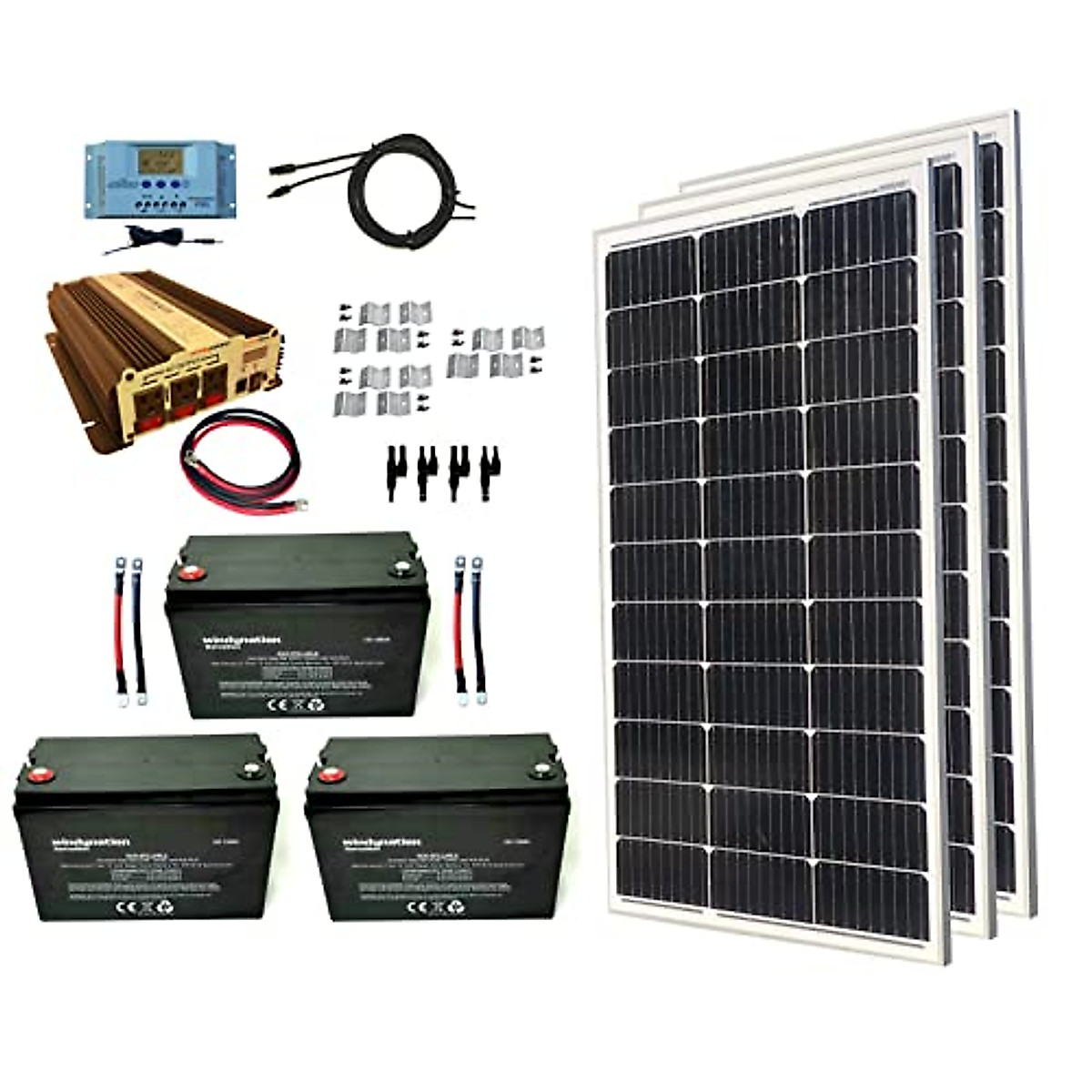 WindyNation 300 Watt Monocrystalline Solar Panel Kit + 1500W VertaMax Power Inverter + 300ah AGM Deep Cycle Battery for RV, Boat, Off-Grid 12 Volt Battery Systems