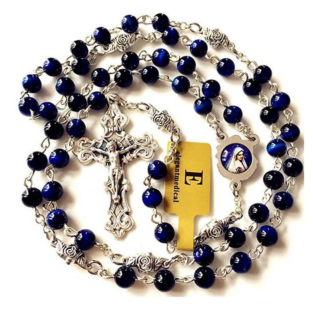 elegantmedical HANDMADE Blue Tiger Eye Beads & Silver Rose Beads ROSARY CROSS Crucifix Necklace box