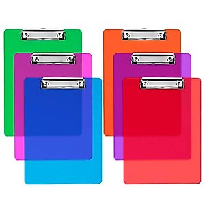 Plastic Clipboards (Set of 6) Multi Pack Clipboard (Colored Assorted) Strong 12.5 x 9 Inch | Holds 100 Sheets! Acrylic Clipboards with Low Profile Clip | Cute Clip Boards Board Clips