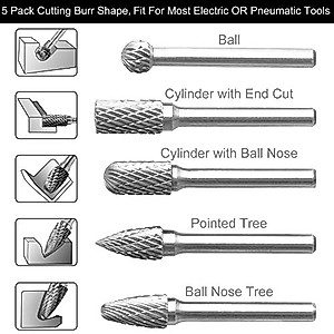 5Pcs Premium Tungsten Steel Carbide Rotary Burr Set, 1/4inch Shank Double Cut Carbide Burr Set, 8MM Head Die Grinder Bits for Die Grinder Drill, DIY Wood-Working Carving, Metal Polishing, Engraving