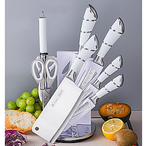 9Pcs White Kitchen Knife Set, DUFEIMOY Chef Knife Set Professional, Stainless Steel Knife Block Set with Scissors, Peeler and Knife Sharpener Rod for Cooking Meat Cutting