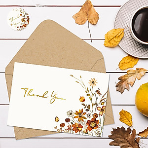 Whaline 32 Pack Gold Foil Fall Thank You Cards Autumn Floral Wildflower Greeting Cards with Envelopes and Stickers Blank Note Cards for Wedding Birthday Bridal Shower, 4 x 6 Inch