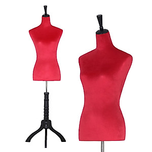 Mannequin Body Female Dress Form Mannequin Torso with Stand for Display 60"-67" Height Adjustable for Sewing Wooden Base, Fiberglass Body(Red)