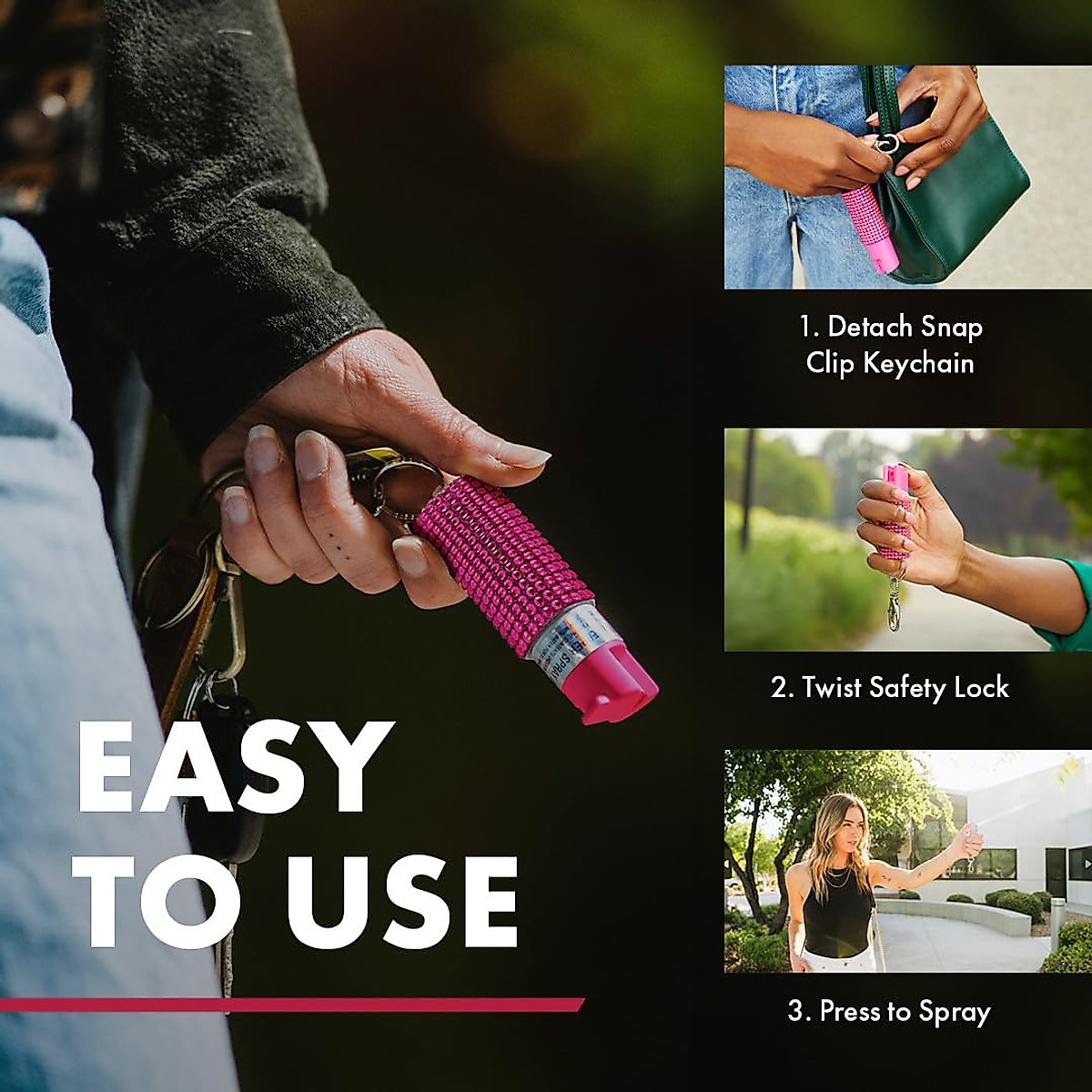 SABRE Jeweled Pepper Spray, Maximum Strength, Fashionable Monochromatic Design, Quick and Easy Access Snap-Clip for Secure Attachment, Protect Against Multiple Threats with up to 10 second spray time