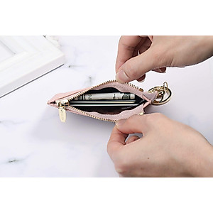 Small Wallets for Women Slim Leather Card Case Holder Wallet Coin Change Purse with Keychain (Light pink)