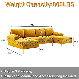 Pvillez Modern Sectional Sofa with Double Chaise Large Convertible Couches Chenille U-Shape Couch with Rolled Arms and Golden Legs Oversize Yellow Sofa for Living Room Comfortable Modular Sofa