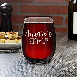 shop4ever® Auntie's Sippy Cup Engraved Stemless Wine Glass Promoted to Aunt New Auntie Wine Drinking Glass Gifts
