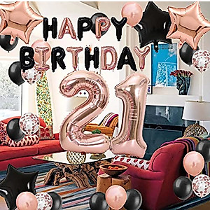 21st Birthday Decorations For Her, Black Rose Gold 21st Happy Birthday Birthday Banner Jumbo Number 21 Star Foil Balloons Latex Confetti Balloon for Girl Her 21 Years Old Birthday Party(21st)