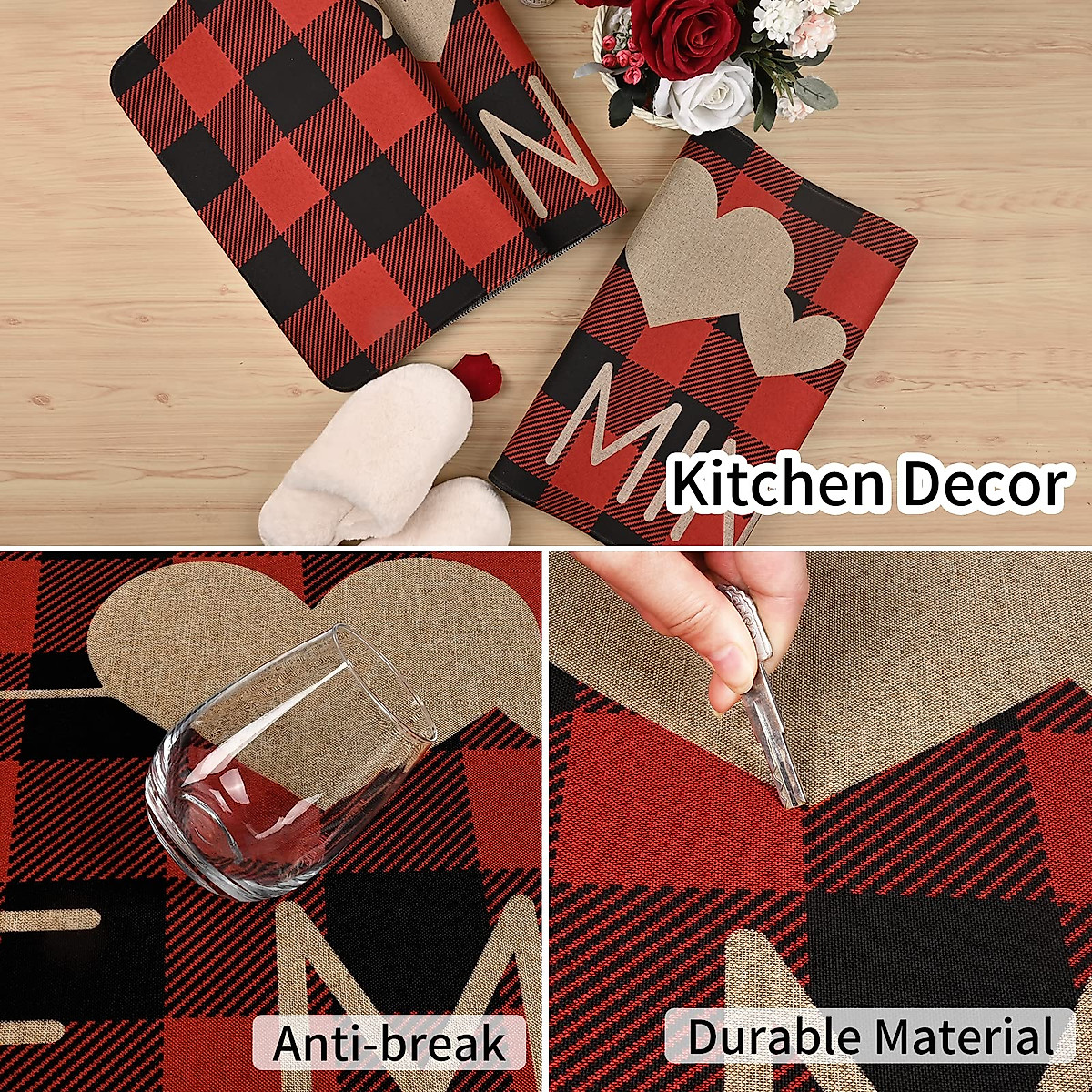 ASPMIZ 2 Pcs Valentine's Day Kitchen Rugs, Buffalo Plaid Area Rug Set of 2, Non-Slip Heart Floor Mat for Bathroom, Water Absorbent Door Mat with Anti-Slip Rubber Backing, 17'' x 47'' + 17'' x 30''