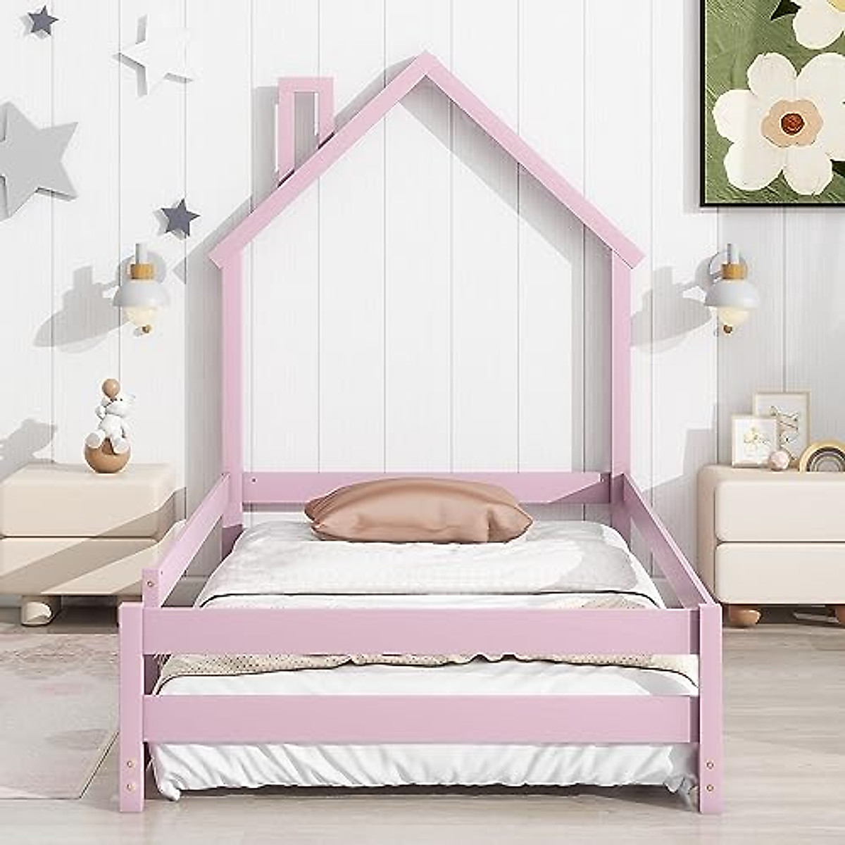Twin Size Platform Bed, Wooden Platform Bed Frame with House-Shaped Headboard, Floor Bed with Fences for Kids Boys Girls Bedroom (Pink 01)