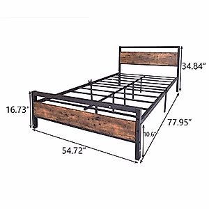 JURMERRY Full Size Metal Bed Frame with Wooden Headboard and Footboard Heavy Duty Steel Mattress Foundation/Rustic Country Style/Easy Assembly,Black