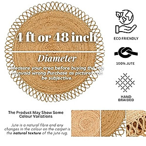RIANGI Jute Braided Rug Circle Rug 4’ Round Area Rug, Circular Rug - Elegant Rugs for Living Room, 4 Ft Round Rug, Hand Woven Boho Round Rug 4ft for Kitchen, Farmhouse Decorative Floor Rug