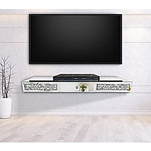 Mirrored Furniture Wall Shelf with Drawer, Crystal Diamond Floating Showcase, Silver Mirror Crushed Diamond Decorative Dressing Table, Gorgeous Bling TV Set, Wall Art Décor,31.5" L×7.9" W×3.1" H