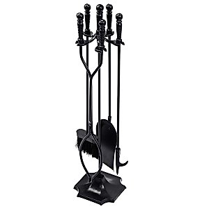 Tangkula 32 inch Fireplace Set 5 Piece Rustic Heavy Duty Compact Wrought Iron Fire Place Tool Set with Pedestal Place, Hearth Tool