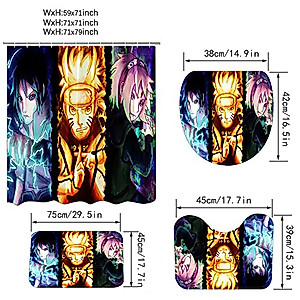 4 Piece Anime Shower Curtain Set with Non-Slip Rug, Toilet Lid Cover, Bath Mat and 12 Hooks, Waterproof Shower Curtain Set for Bathroom