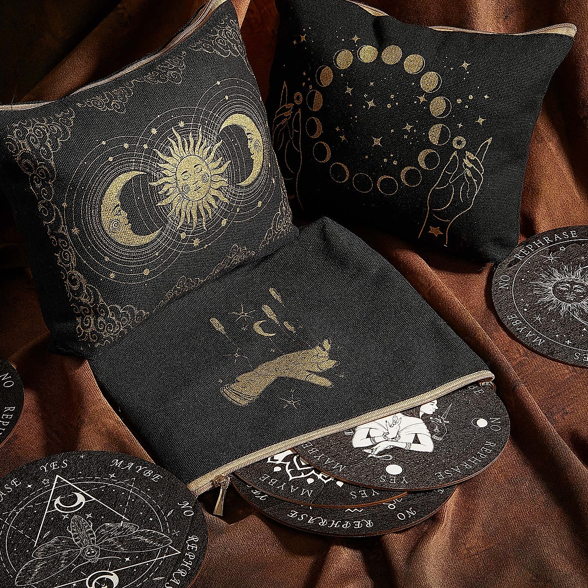 Saintrygo 6 Pcs Witchy Gifts Halloween Tarot Makeup Bag Witch Stuff Tarot Cards Phase Bag Crystals Toiletry Witch Bag Aesthetic Moon Canvas Cosmetic Makeup Bag for Witchcraft Lover Women Witch Coven
