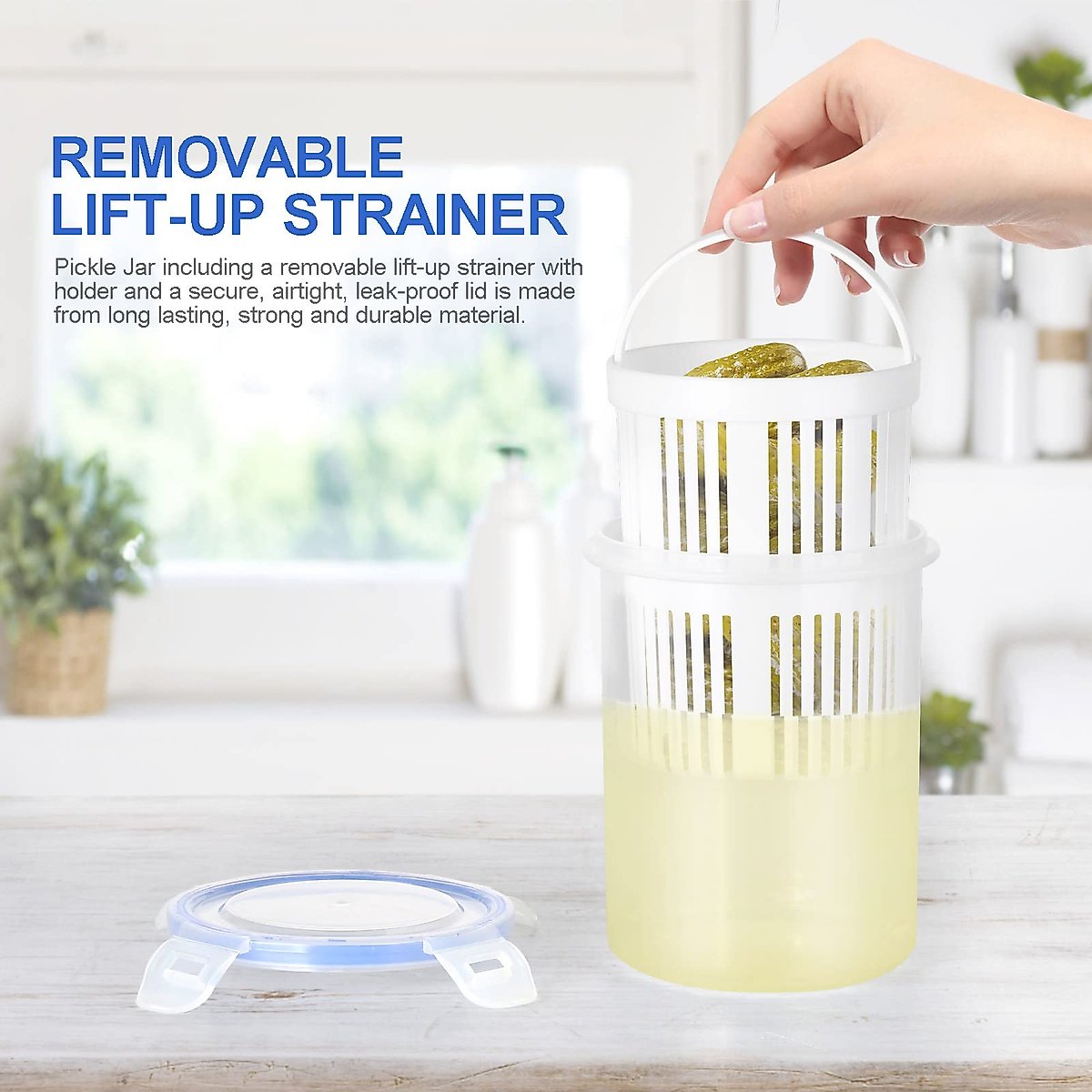 Firlar 2Pcs Pickle Jar with Strainer Insert,Pickle Storage Container With Strainer Insert,Plastic Transparent Pickle Jalapeno Storage Container with Drain Basket for Home Kitchen Supplies