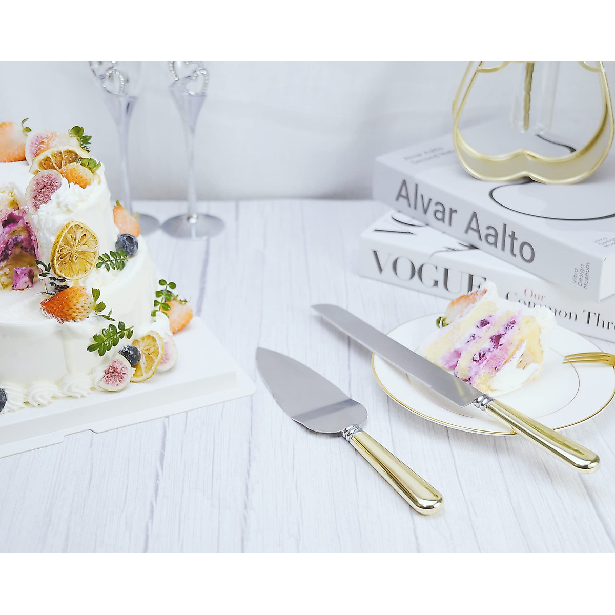 VARLKA Wedding Cake Knife and Server Set, Cake Cutting Set for Wedding, Personalized Stainless Steel Blade and ABS Gold Plated Handle Cake Cutter & Pie Server Set for Birthdays, Anniversary, Parties