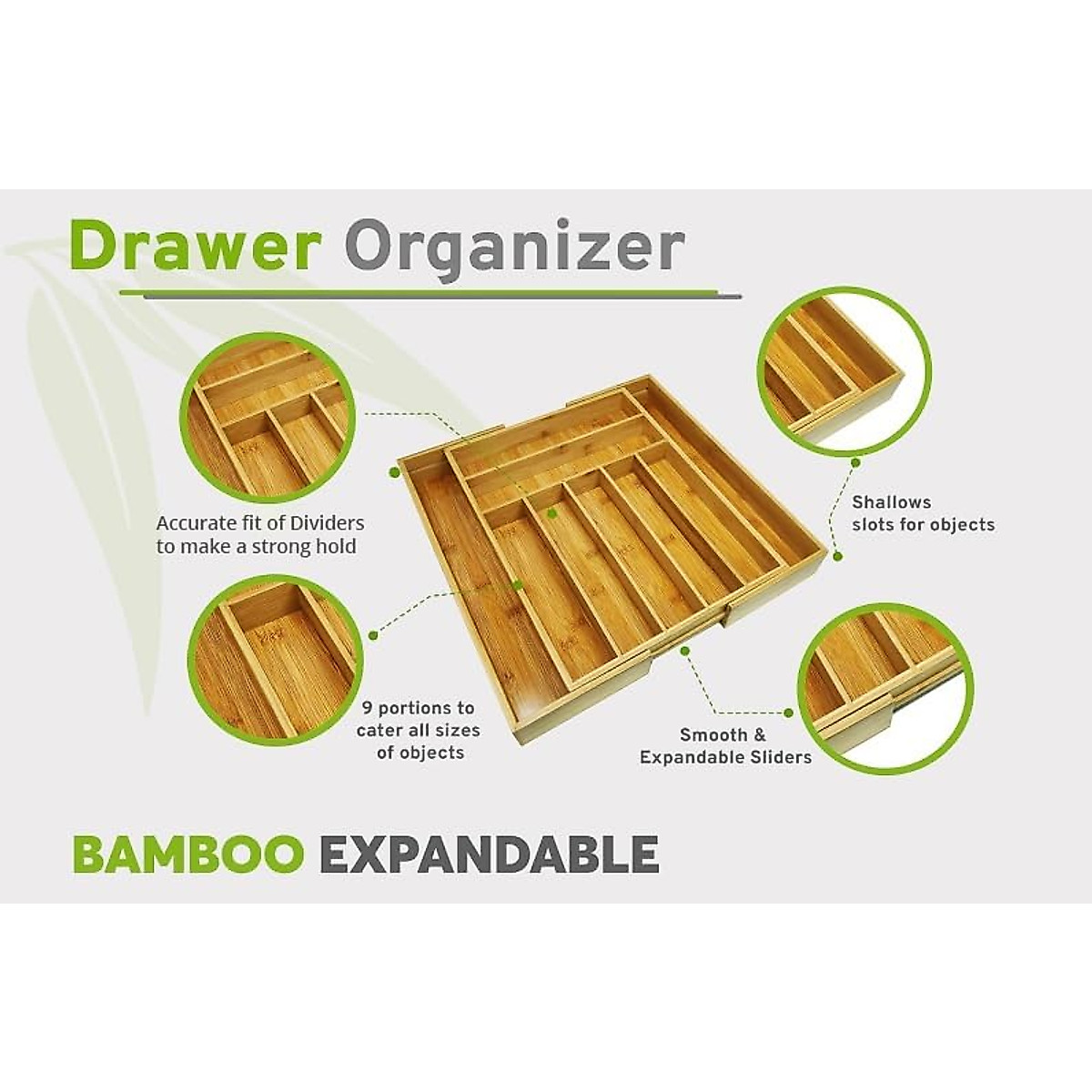 Nature Gear Kitchen Drawer Organizer - 9 Section Expandable Bamboo Storage for Flatware - Housewares - Bath & Vanity - Tool Utility Caddy Adjustable Tray
