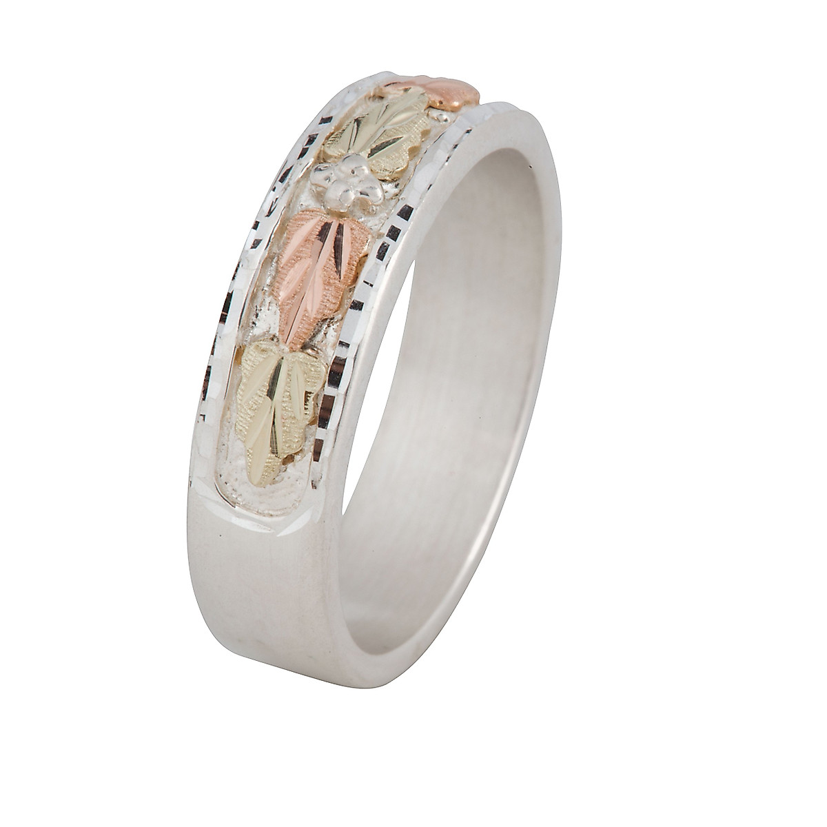 Women's Diamond-Cut Wedding Ring, Sterling Silver, 12k Green and Rose Gold Black Hills Gold Motif, Size 5