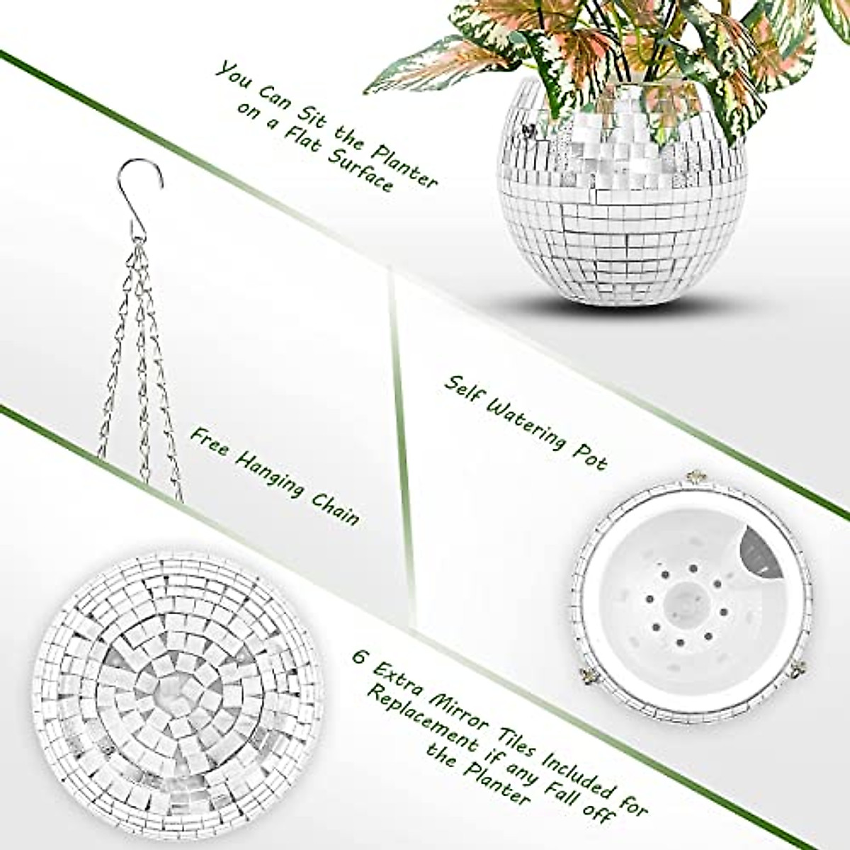 Disco Ball Planter for Indoor Outdoor | Self Watering Hanging Flower Pot | 6'' Unique Boho Vase Home Office Balcony Patio Tabletop Room | Small Mirror Plant Holder | Retro Groovy Little Wall Hanger
