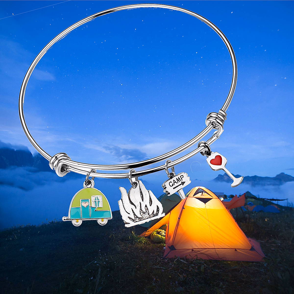 FUSTMW Travel Camper Bracelet Camping Charm Bangle RV Travel Trailer Camping Jewelry Gift for Women (Silver Bracelet)