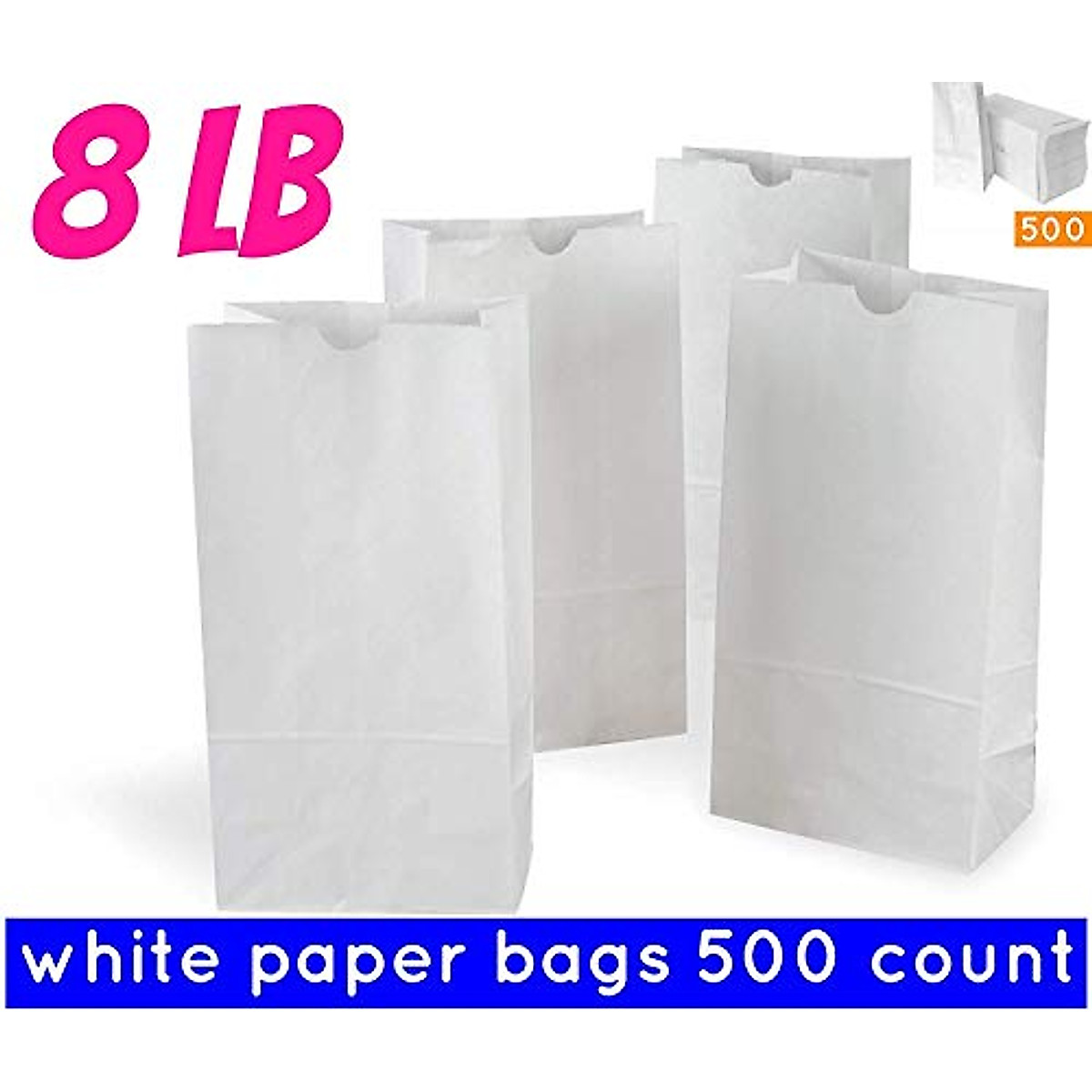 8 lb white paper bags 500/Bundle white lunch bags Great for Grocery/Lunch Bags 8 Pound White Paper Bag - Pack Of 500 (8 lb)