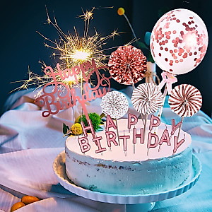 IEALODS Cake Topper Decoration with Happy Birthday Candles, Acrylic, Confetti Balloon and Paper Fans for Rose Gold Theme Birthday Party Décor