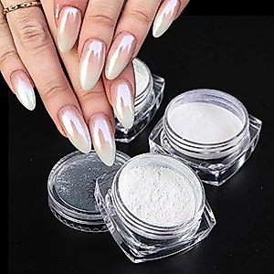 4Pack Pearl Chrome Nail Powder White Pearl Mirror Effect Magic Pearlescent White Nail Powder Pigment High Gloss Glitter Nail Art, Holographic Ice Aurora Dust Nail Powder for Home DIY