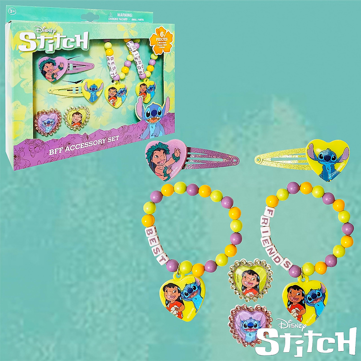 LUV HER Disney Stitch Girls BFF 6 Piece Toy Jewelry Box Set with 2 Rings, 2 Bead Bracelets and Snap Hair Clips Ages 3+