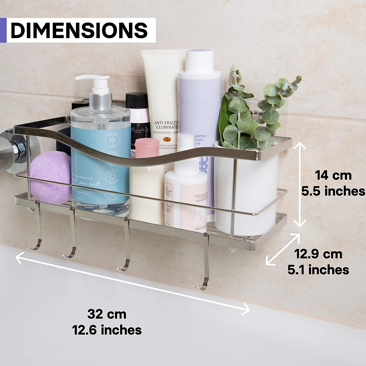 KINCMAX Shower Caddy, Rustproof SUS304 Stainless Steel, Adhesive Wall Mount Drill-Free Baskets with Hooks (Polished Silver)