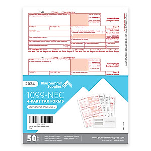 Blue Summit Supplies 1099 NEC Tax Forms 2022, 50 4 Part Tax Forms Kit, Compatible with QuickBooks and Accounting Software, 50 Self Seal Envelopes Included