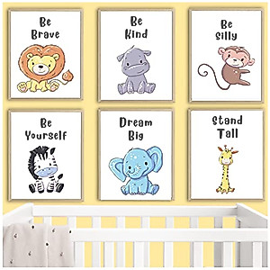 Safari Nursery Decor for Baby Boys Newborn, Set of 6 Unframed 8x10 Inch Jungle Themed Neutral Prints for Baby Room Classroom Birthday Wall Decor, Extra Thick Motivational Quotes Poster Made to Last