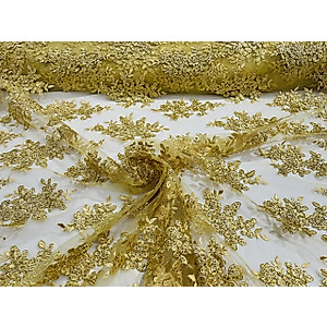 New Creations Fabric & Foam Inc, 50" Wide Floral Design Embroidery On A Mesh Lace with Sequins and Cord Fabric (1 Yard, Metallic Gold)