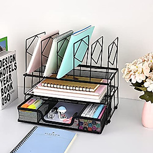 gianotter Desk Organizers and Accessories, Office Supplies Desk Organizer with Sliding Drawer, Double Tray and 5 Upright Sections (Black)