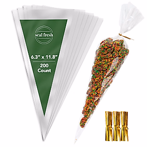Seal Fresh Cone Cellophane Bags with Twist Ties - 6.3" x 11.8" (200 Count) - Clear Cone Shaped Treat Bags Cellophane Triangle Candy Bags - Cone Shaped Cellophane Treat Bags, Cone Cello Bags, Cone Treat Bags with Ties, Cone Shaped Favor Bags
