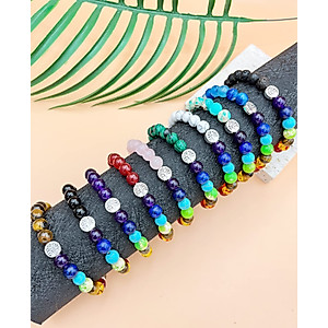 BOMAIL 10Pcs Tree of Life Healing Crystals Bracelet - 7 Chakra Semi Precious Stones Beaded Bracelets Yoga Stress Relief Reiki Stretch Bracelets for Women Men