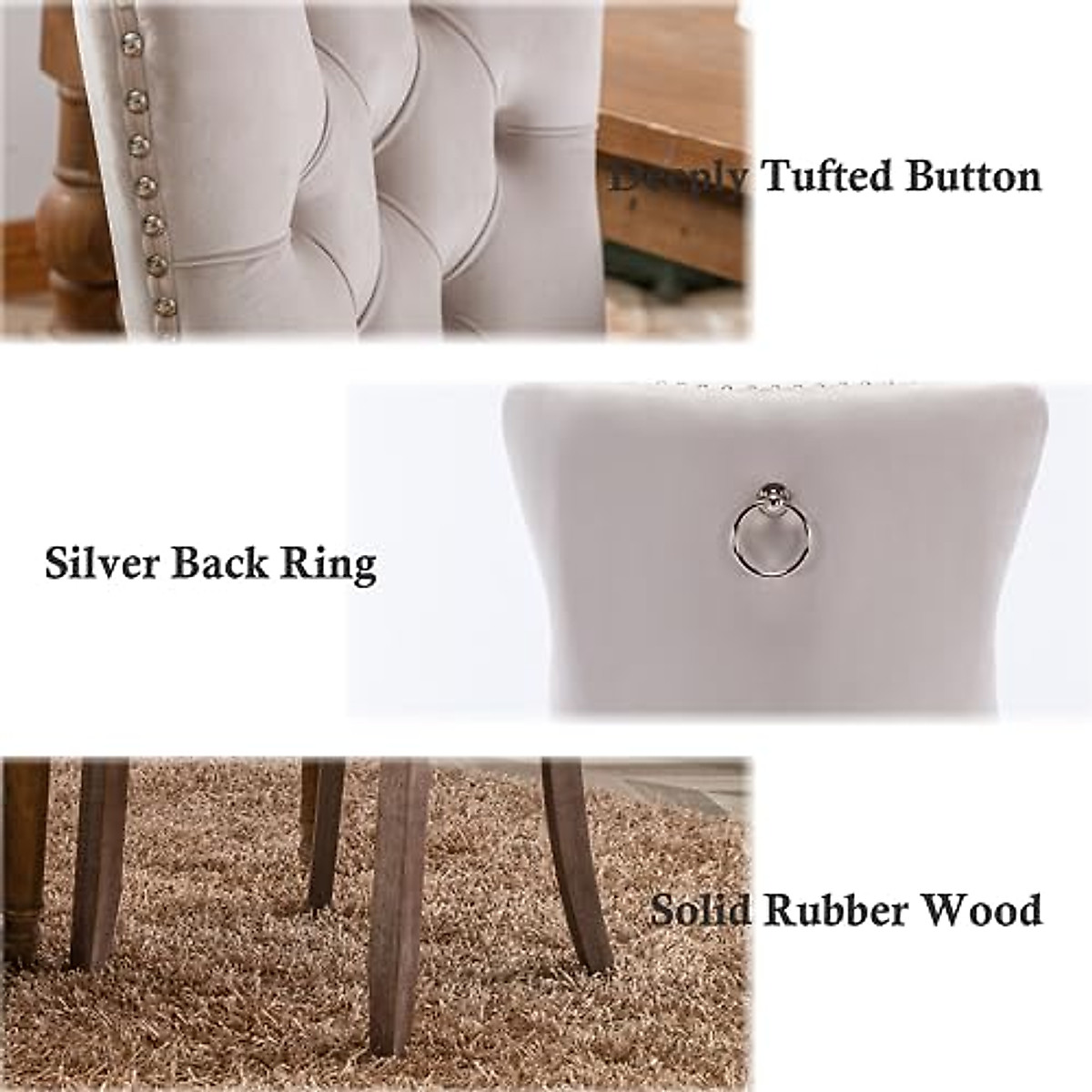 Rhomtree Set of 2 Fabric Dining Chairs Luxury Tufted Back with Nailed Trim and Back Ring Pull Home Kitchen Dining Room Chairs Armless Side Chairs Solid Rubber Wood Legs (Beige)