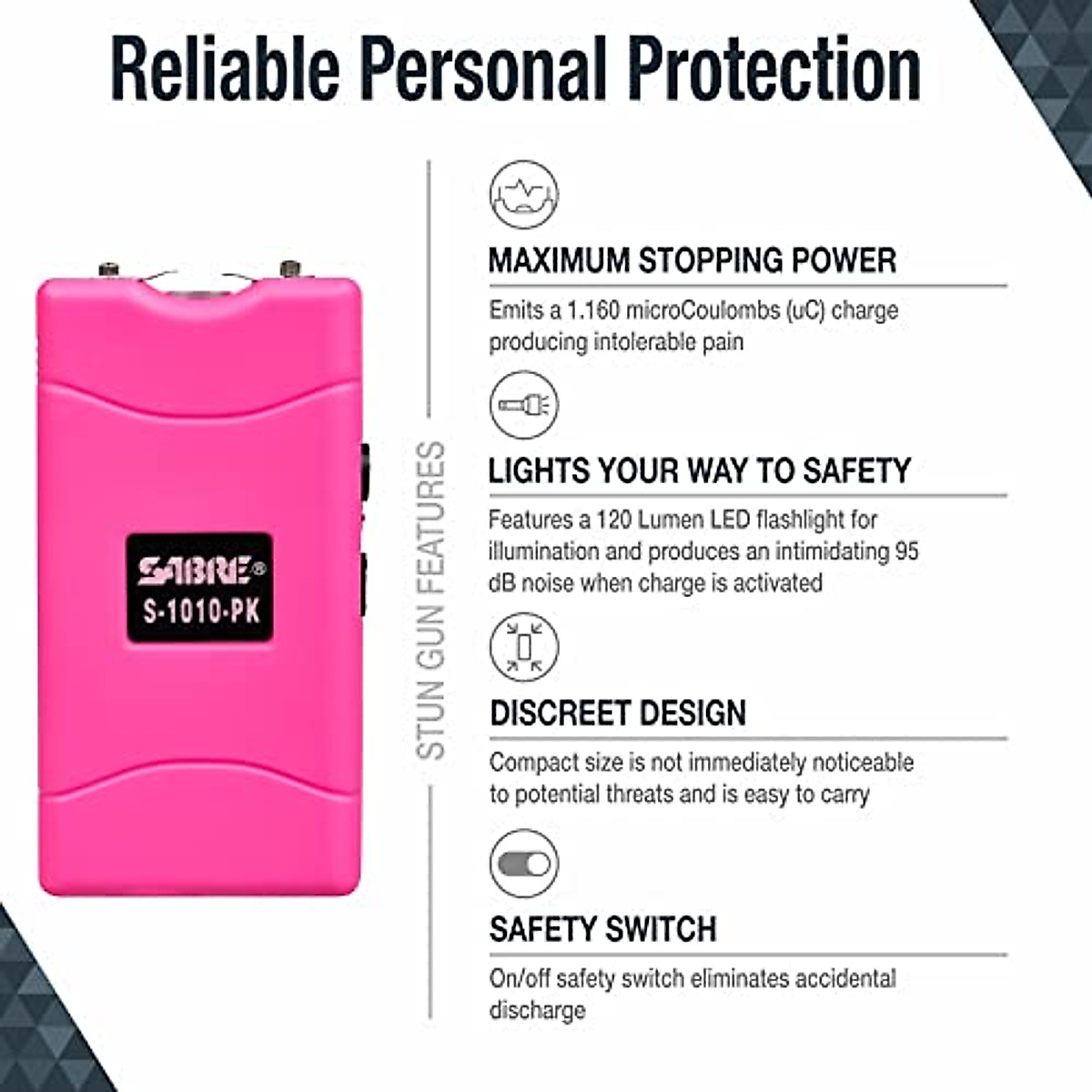SABRE Pepper Spray And 2-in-1 Stun Gun and Flashlight, 25 Bursts of Max Strength OC Spray, Intuitive Finger Grip, 0.54 fl oz, Painful 1.160 µC Charge, 120 Lumens, Rechargeable, Safety Switch, Holster