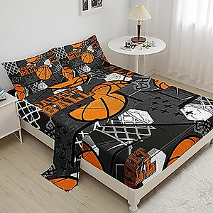 BailiPromise Basketball Sports Microfiber Flat Fitted Sheets Set for Children Graffiti Style Soft Bed Sheets Basketball Frames Kids Sheets Set Twin Size 1 Fitted Sheet, 1 Flat Sheet, 2 Pillow Cases