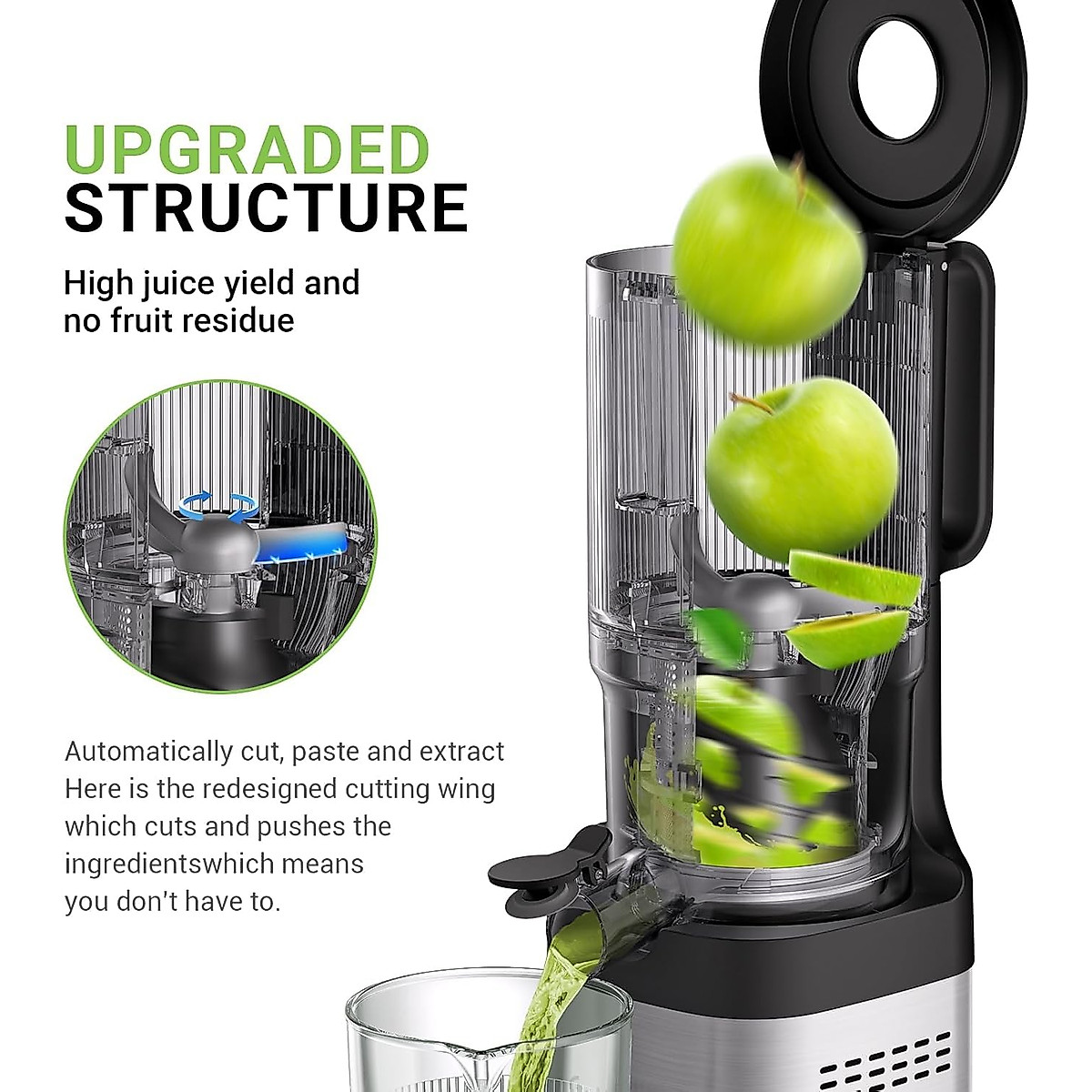 AMZCHEF Cold Press Juicer, Juicer Machines - 5.2" Large Feed Chute for Whole Fruits & Vegetables, Stainless Steel Slow Masticating Juicer Easy to Clean, Large Auger, Double Strainers, Silver