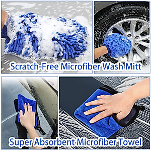 Lsyomne 62'' Car Wash Brush with Long Handle, Scratch-Free Soft Bristles Sturdy Car Wash Brush, Complete Cleaning Kit with Car Wash Mop Mitt Towel Windshield Squeegee Wheel Tire Brush for Car Truck RV