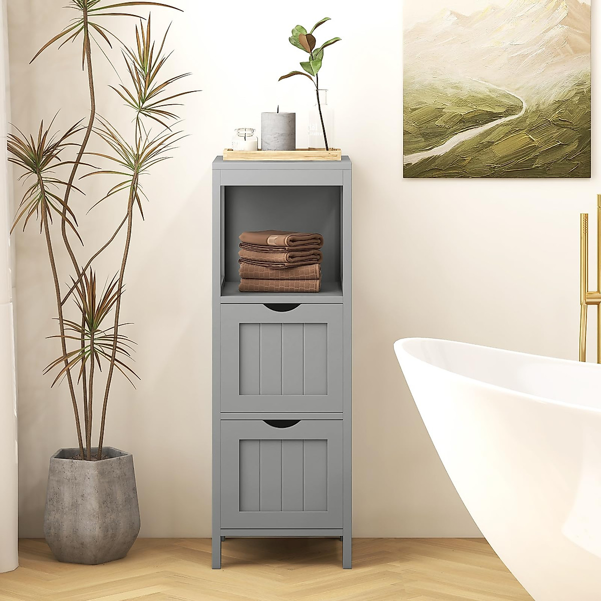Tangkula Small Bathroom Storage Cabinet with 2 Removable Drawers, Wood Freestanding Floor Cabinet for Bathroom, Anti-Tipping Device, Side Corner Small Cabinet for Small Spaces (Grey)