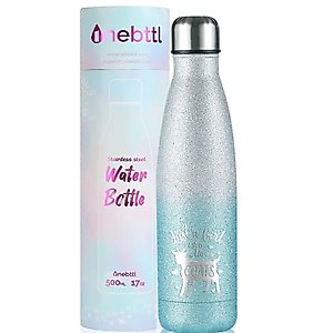 Onebttl Goat Gifts for Goat lovers, Glitter Silver-Blue Water Bottle for Women/Girls, Just a Girl who Loves Goats, Stainless Steel Insulated Bottle, Gift Box and Greeting Card Included