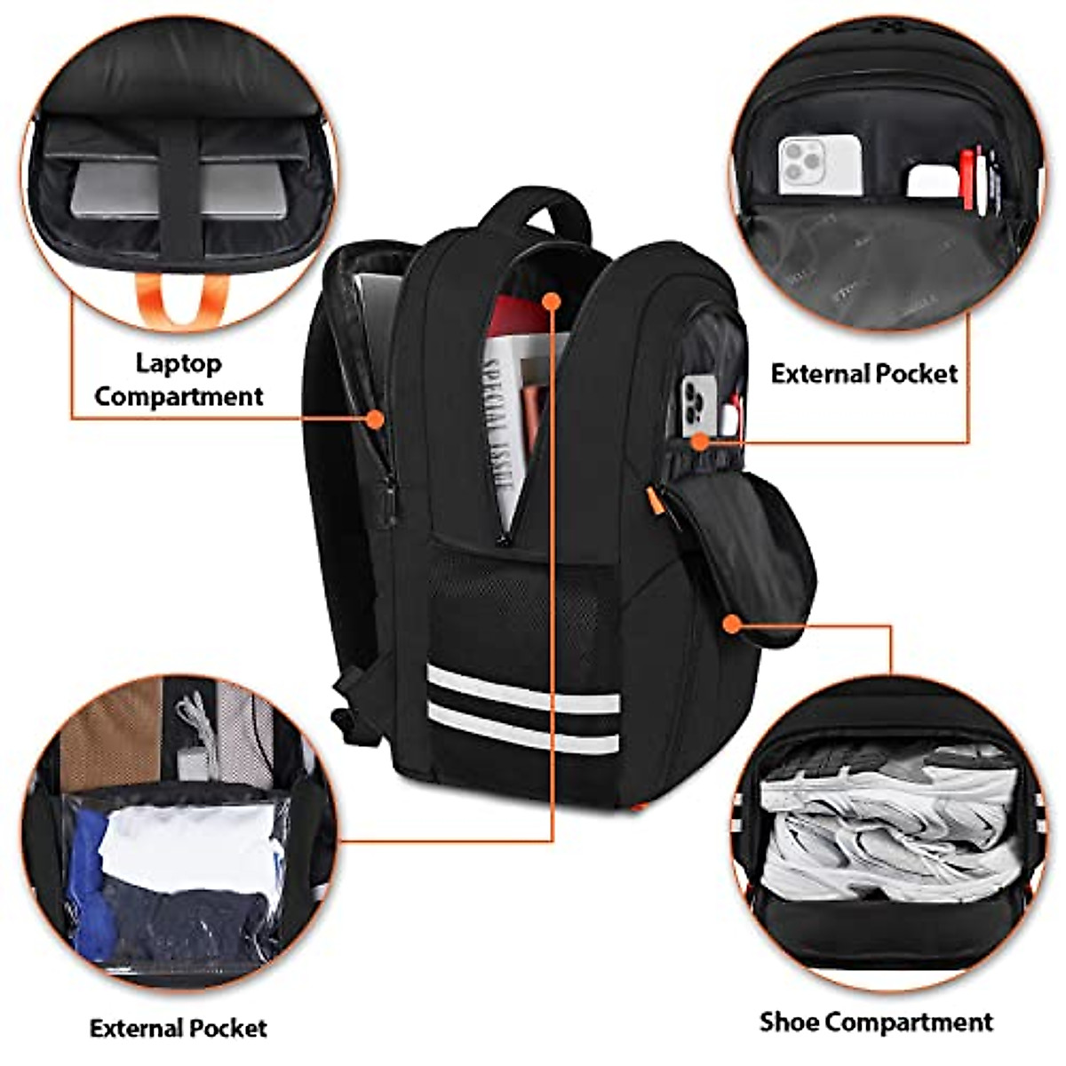 Ytonet Gym Backpack For Men Women, Travel Sports Track Backpack With Shoe Compartment USB Charging Port, Large Water Resistant Workout Laptop Backpack College Bag Fit 15.6 Inch, Camping, Black